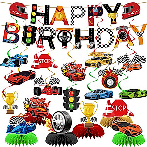 Race Car Party Decorations Race Car Happy Birthday Banner Race Car Hanging Swirls Car Themed Honeycomb Centerpieces for Race Car Birthday Baby Shower Party Supplies