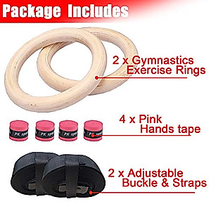 Sunnyglade 2Pcs Wood Gymnastics Rings with 16FT Long Adjustable Straps & 4Pcs Non-Slip Hand Tapes Exercise Training Rings for Home/Gym Full Body Strength Training