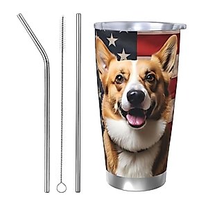 AYCZN American Flag Corgi 20 OZ Tumbler Stainless Steel Travel Coffee Mug, USA Flag Dog Insulated Water Bottle with Lid and Straws Leakproof Thermal Cup