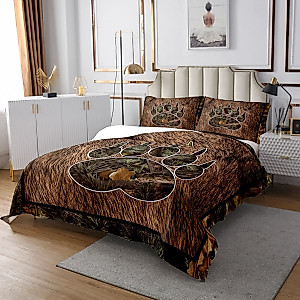 Erosebridal Bear Paw Print Queen Quilt Set for Boys,Camo Bear Skin Coverlet Set Camouflage Hunting Theme Bedspread Set for Men Woodland Animal Bed Set with 2 Pillow Cases Green Brown