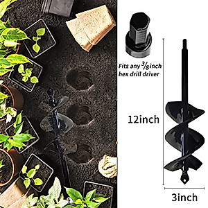 TCBWFY Garden Auger Drill Bit for Planting 3x12inch,Solid Core Shaft Garden Auger Spiral Drill Bit,Planting Auger for Bulb Planting Bedding Plants,Hole Digger for 3/8"Hex Drive Drill