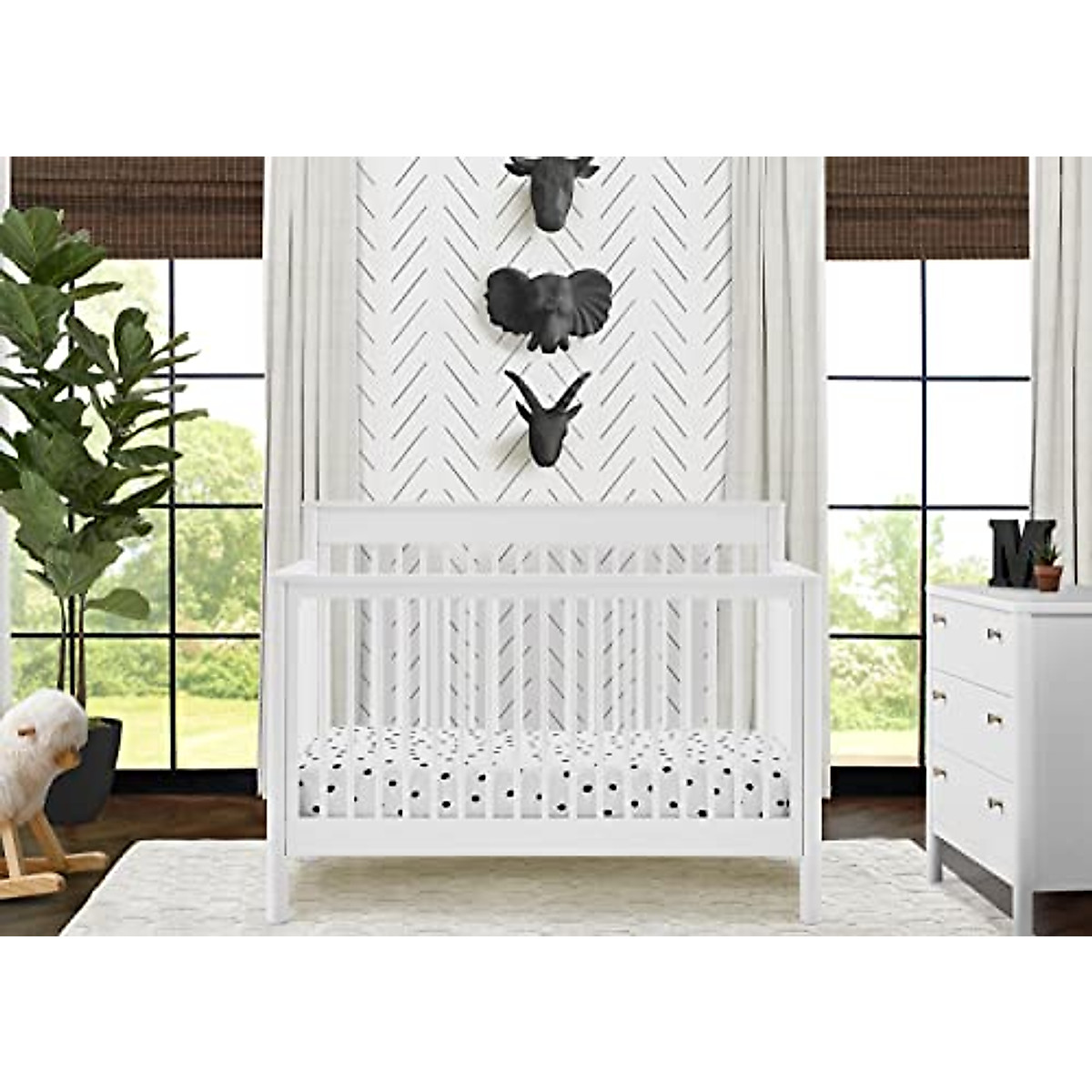 Delta Children Remy Crib 7-Piece Baby Nursery Furniture Set–Includes: Convertible Crib, Glider, Dresser, Changing Top, Crib Mattress, Sheets, & Changing Pad, Bianca White