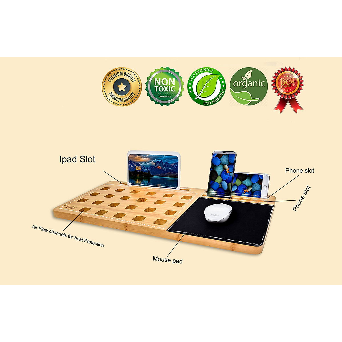 Bookaholic Lap Desk| Enhanced Organic Bamboo Lap Tray with Vent Holes & Built-in Fabric Covered Mouse Pad for 11",13",15" Laptops| Computer,Tablet, Phone Stand