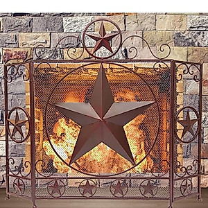 BestGiftEver 3-Panel Fireplace Screen Decorative with Rustic Brown Star Detail - Stand Alone Fireplace Cover Metal Mesh Screen - Home Decor for Cabin, Lodge, and Rustic Country Style Firescreen