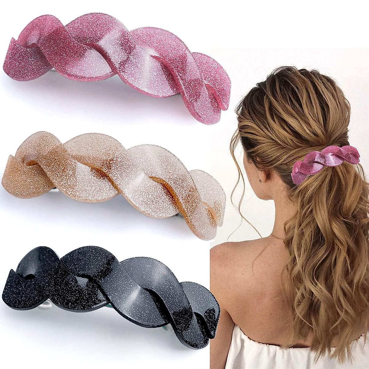3 Pieces Large Barrettes for Women, Interweave Wider Hair Clips Hair Accessories for Thick Curly Fine Updo Hair (Glitter)