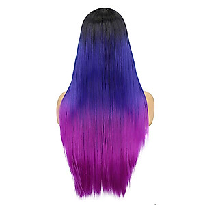 WIGER Long Straight Ombre Wigs Rainbow Mermaid Purple Wigs for Women Black To Blue To Hot Pink No Lace Three-Tone Colored Cosplay Hair 26 Inches Synthetic Girls Party Wig