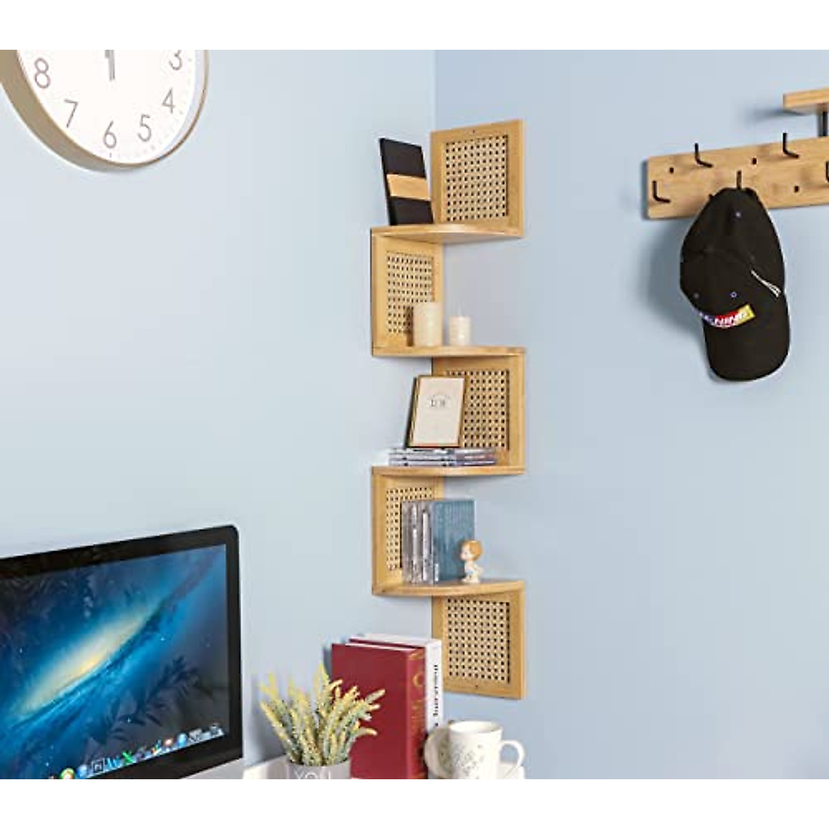 ND RongFeng Bamboo Corner Shelf 4-Tier Shelf with Bamboo Body Mixed with Natural Rattan Mesh for Wall Storage, Suitable for Bedroom and Living Room (Light Brown)