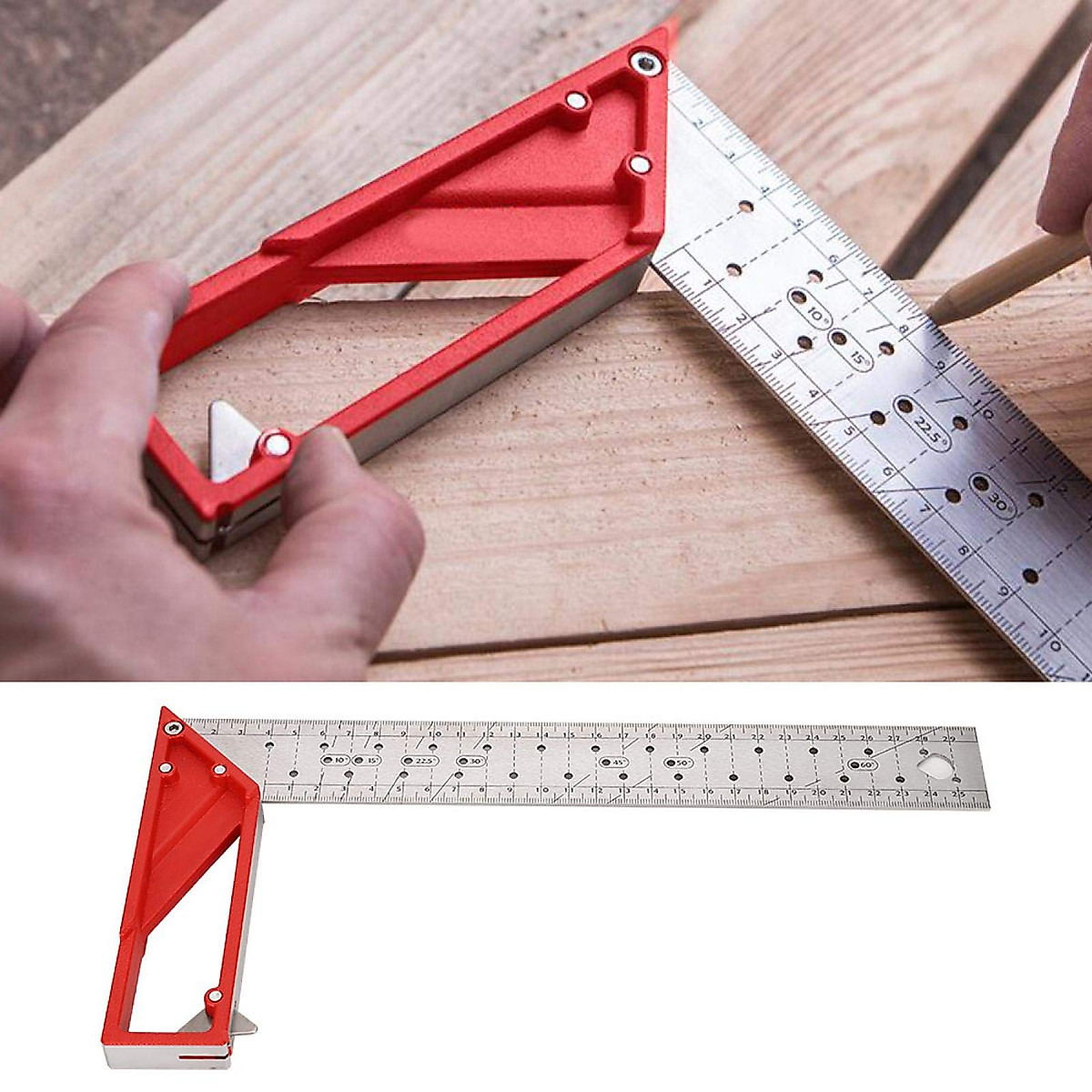 Combination Square, 300mm Multi-functional Right Angle Ruler , Adjustable Stainless Steel Square Angle Ruler , 45/90 Degree Woodworking Try Square Measuring Tool, for Multiple Purposes