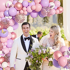 151PCS Pink Balloon Garland Arch Kit Rose Gold White Pink and Purple Balloons Confetti Latex Balloons Butterfly Stickers Decorations for Birthday Party Mothers Day Wedding Baby Shower Decorations