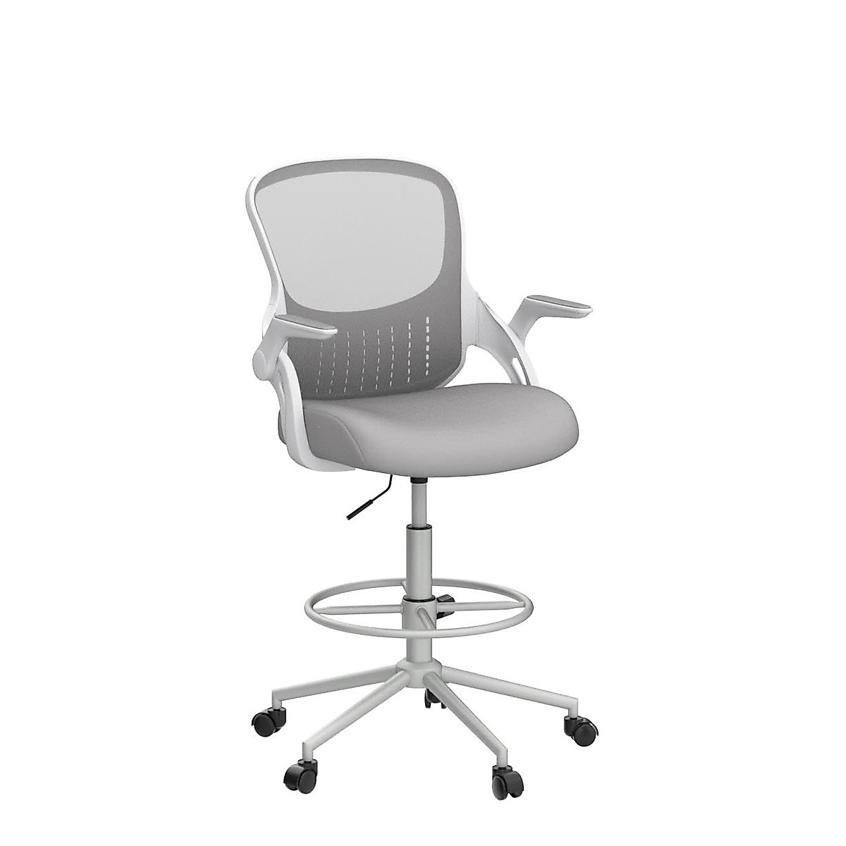 Drafting Chair, Tall Office Chair Tall Standing Desk Chair Counter Height Adjustable Office Chair for Standing Desk, Mid-back Mesh Drafting Chair with Flip-up Arms, Foot-ring, Wheels, Grey
