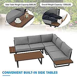 EROMMY 4 Pieces Outdoor Sectional Sofa Set with Coffee Table, 91''×91'' Extra Large L-Shaped Metal Conversation Set with All-Weather Gray Cushion and Built-in Side Table for Patio, Garden, Backyard