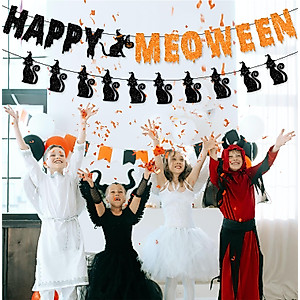 JKQ Black Orange Glittery Happy Meoween Banner with Spooky Black Cat Signs Halloween Witch Cats Banner Halloween Haunted House Party Fireplace Mantle Decorations Supplies