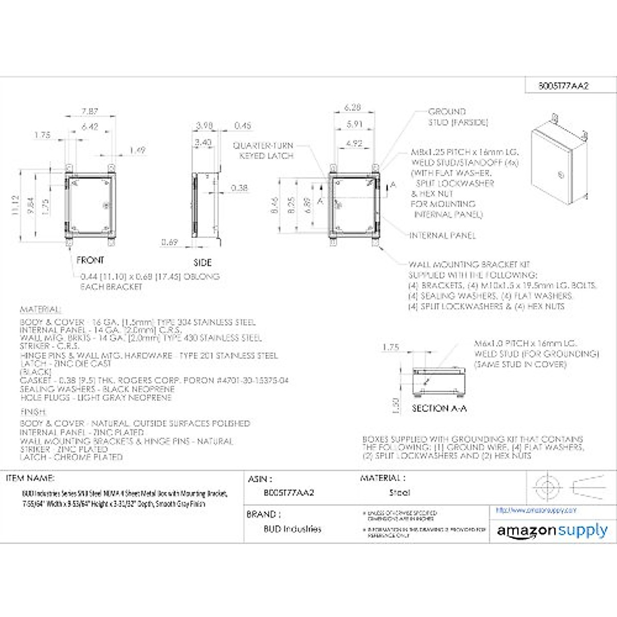 BUD Industries SNB-3741 Series SNB Steel NEMA 4 Sheet Metal Box 9.84" L x 7.87" W x 3.98" H, Gray