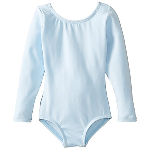 Clementine Apparel Girls Crew Neck Long Sleeve Leotard One Piece Tops Bodysuit Dancewear Costumes Light Blue, 6X-7