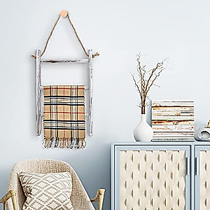 3-Tier Wood Tower Ladder Rack with Rope, Hanging Wooden Blanket Storage Organizer for Bathroom, Small Farmhouse Storage Shelf Rustic and Decorative