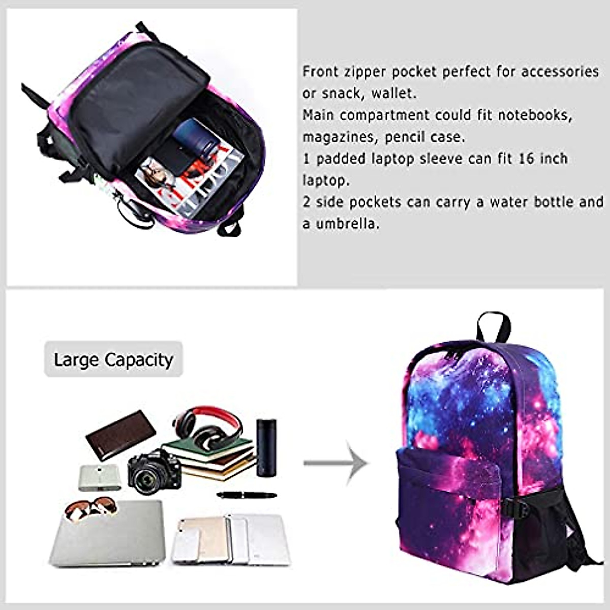 E-Clover Galaxy Backpack for Women/Men School Bookbag for Girls with Galaxy Lunch Boxes Lightweight Travel Daypack Purple Christmas Gifts
