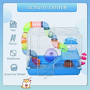 PawHut 2-Level Hamster Cage Rodent Gerbil House Mouse Mice Rat Habitat Metal Wire with Exercise Wheel, Play Tubes, Water Bottle, Food Dishes, & Interior Ladder