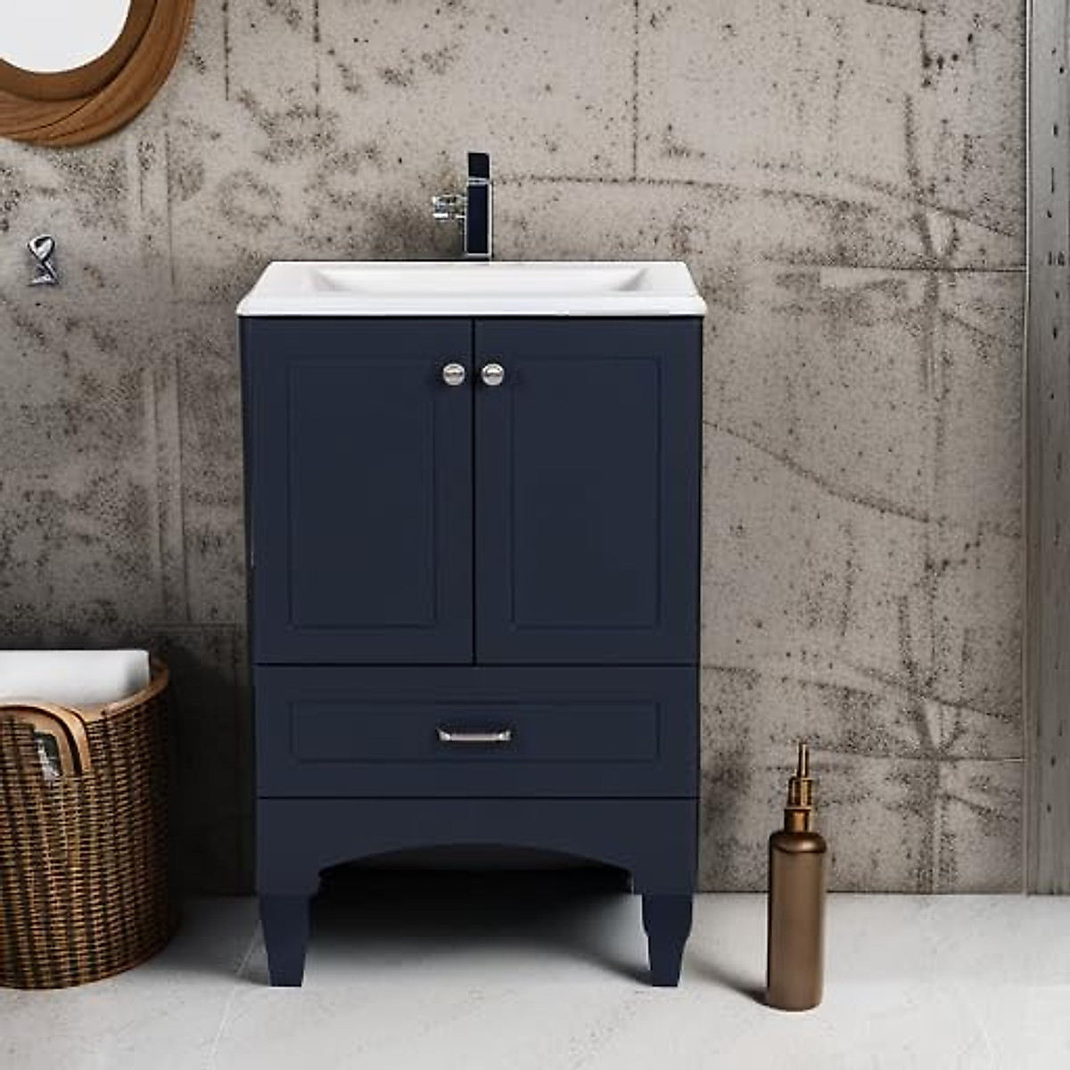 Spring Mill Cabinets Emlyn 24 Inch Bathroom Vanity with White Single Sink Top, 2-Door Cabinet, 1 Drawer, 24.5" W x 18.75" D x 32.89" H, Deep Blue