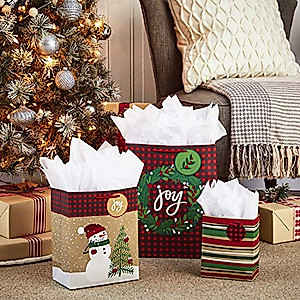 Hallmark Christmas Gift Bag Assortment, Traditional (Pack of 8; 3 Small 6", 3 Medium 9", 2 Large 13") Snowmen, Red Plaid, Kraft Stripes, "Joy" Wreath