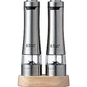 Russell Hobs 7923JP Electric Mill, Salt and Pepper (Set of 2), Wood Stand Set, Silver