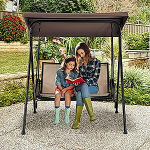 Tangkula 2-Person Patio Swing, Outdoor Porch Swing with Adjustable Canopy & 2 Storage Pocket, Powder-Coated Steel Frame Canopy Swing with Armrest for Garden, Balcony, Backyard