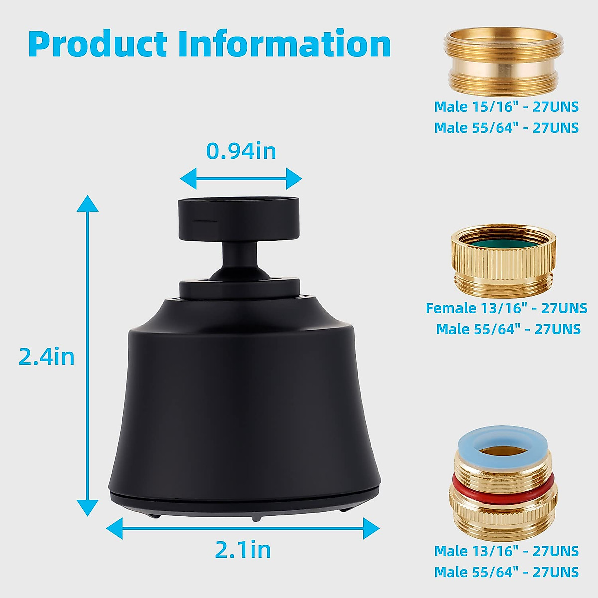 iFealClear Sink Faucet Aerator, Big Angle Swivel Faucet Sprayer Head, 360 Degree Kitchen Sink Faucet with 4 Spray Modes, Female and Male Thread Adapters Included, Matte Black