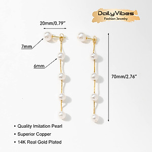 DAILY VIBES 14K Gold Freshwater Pearl Drop Earrings Dangle Dainty Long White Cultured Baroque Pearl Earrings for Women Statement Stud Ball Chain Tassel Jewelry for Bridal Wedding