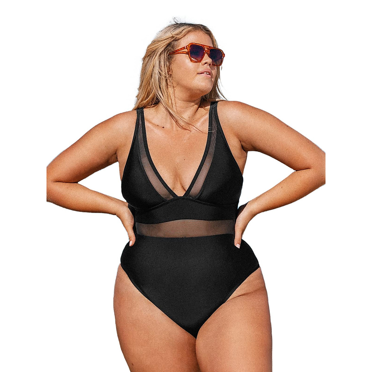 CUPSHE Women Plus Size One Piece Swimsuit V Neck Mesh Sheer Tummy Control Bathing Suit with Adjustable Wide Straps, 1X Black