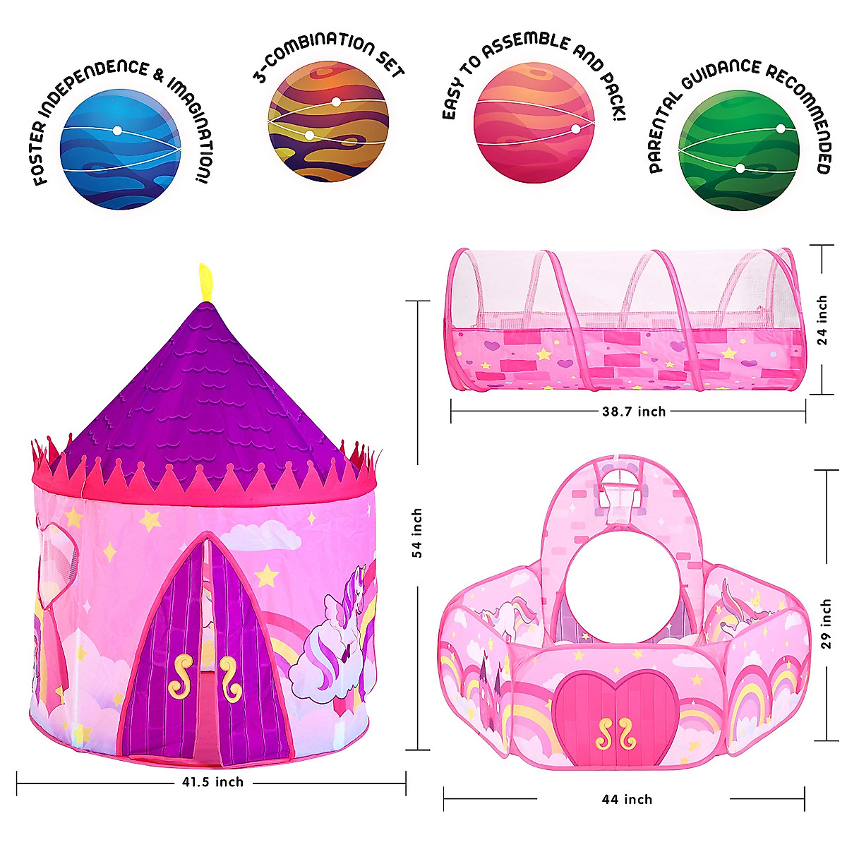 JOYIN Girls Unicorn Princess Pink Castle Play Tent with Pop Up Play Tent, Tunnel and Playhouse with Ball Pit Kids Indoor Outdoor Play Tent Set