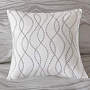 MADISON PARK SIGNATURE Hollywood Glam Cozy Comforter Set - All Season Bedding Combo Filled Insert and Removable Duvet Cover, Shams, Decorative Pillows, Metallic White Queen(92"x96") 9 Piece