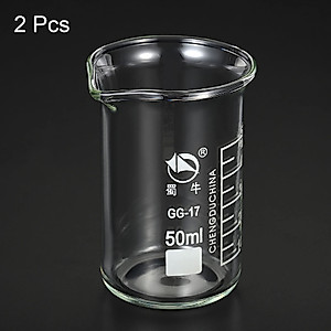 PATIKIL 50ml Tall Form Glass Beaker, 2 Pack 3.3 Borosilicate Glass Graduated Printed Scale Measuring Cups with Spout for Kitchen Lab Liquids Transit Boiling