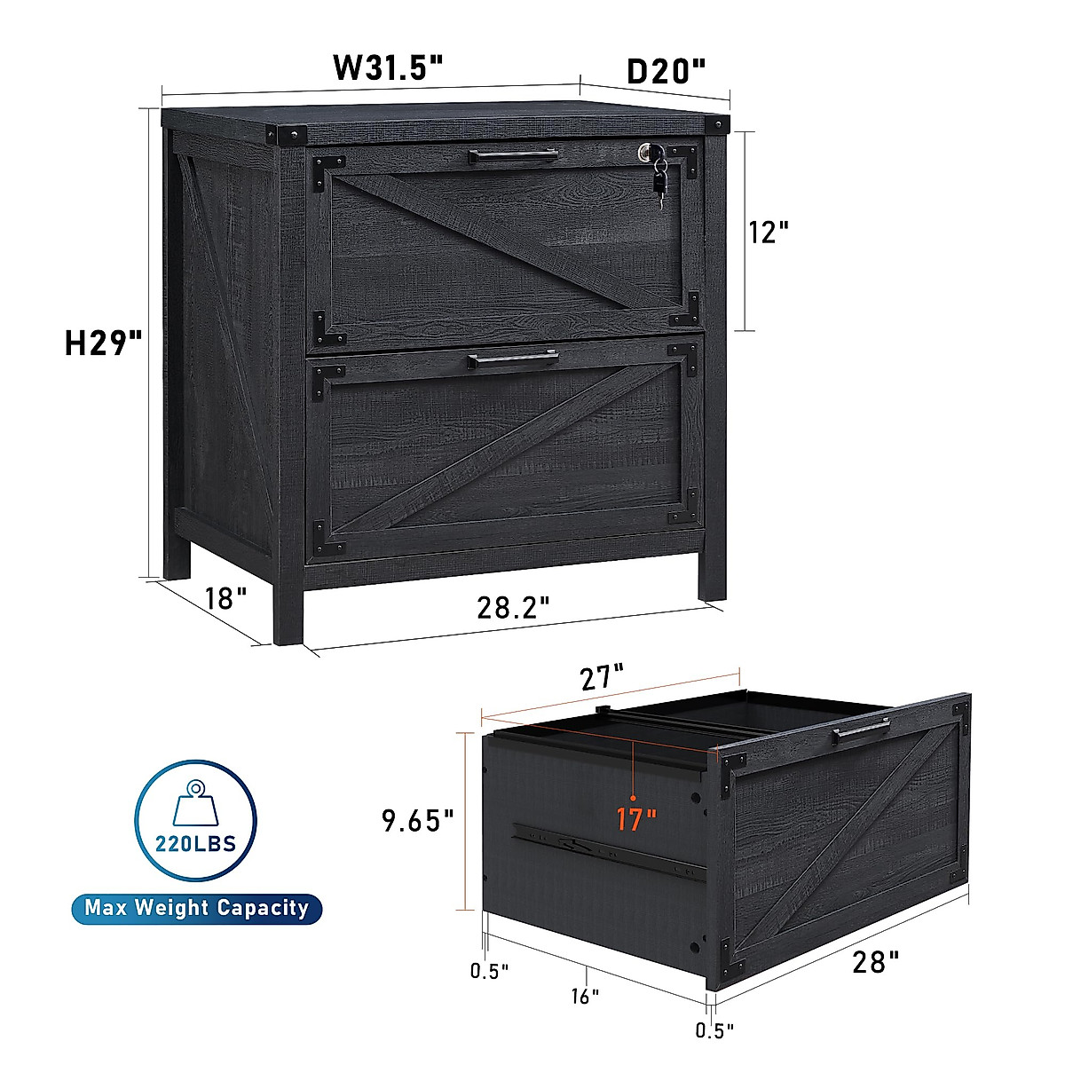 JXQTLINGMU 2 Drawer Farmhouse File Cabinet, Lateral Filing Cabinet with Lock for Home Office, Compatible Legal Letter A4 F4 Size, Black