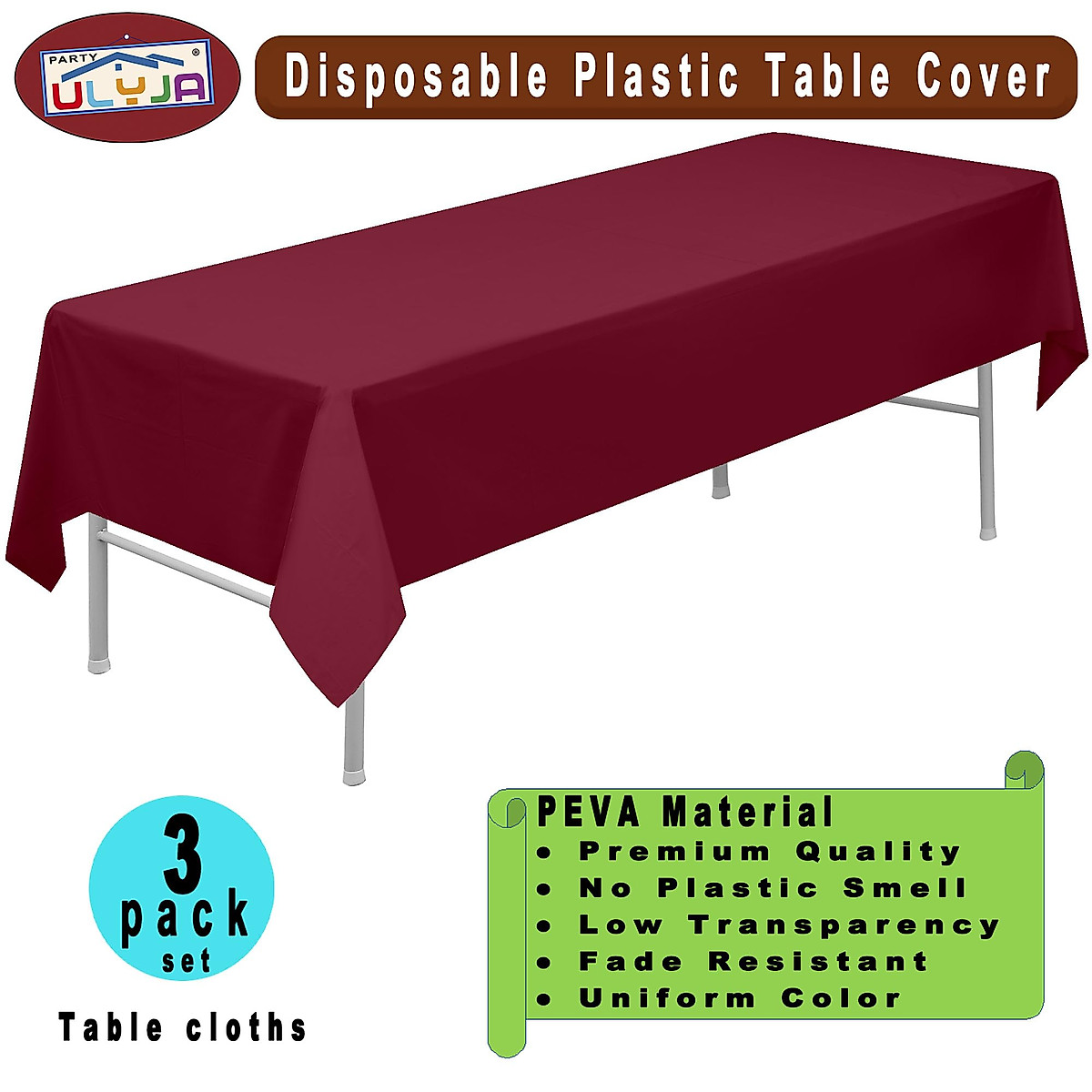 PARTY ULYJA Burgundy Tablecloths Plastic 3-Pack Premium 54 Inches x 108 Inches Disposable Table Covers Decorative Table Cloths for Rectangle Tables