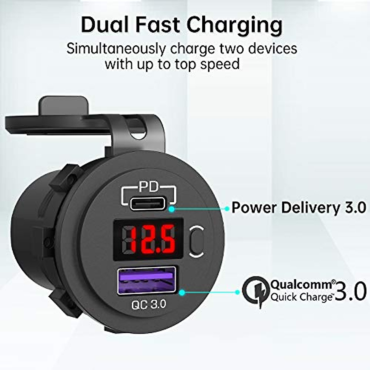 12V USB C Car Charger Socket, Ouffun Dual PD & QC 3.0 Ports 12V USB Car Outlet Adapter with Button Switch, lPhone Fast Charger with 23.7 Inches Wire for Car Boat Marine Bus Golf Cart RV Motorcycle