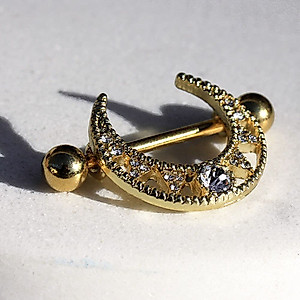 Pierced Owl 14GA Gold Plated Stainless Steel Jeweled Tribal Crescent Moon Nipple Shields, Sold as a Pair