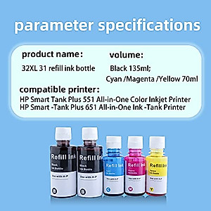 Esiwerjob Compatible Ink Bottle Replacement for HP 32XL 31 Use with Smart Tank 6001 7001 7005 7301 7602 551 651 570 559 (2BK/ 1C/ 1M/ 1Y) 5 Pack