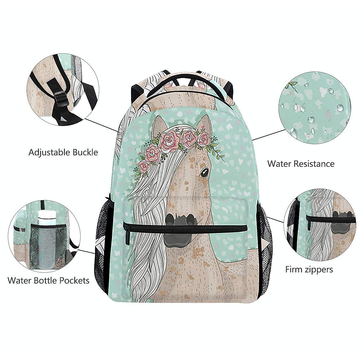 Flower Horse School Backpacks Blue Pony Student Backpack Big For Girls Boys Elementary School Shoulder Bag Bookbag Fairy Tale