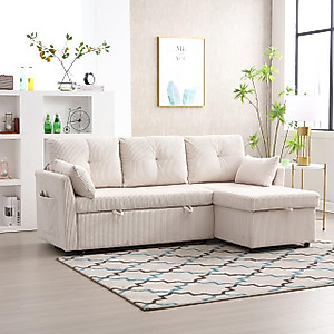 DAMAIFROM Convertible Sofa Bed Sleeper, 3 Seater L-Shaped Sleeper Sectional Sofa with Storage Chaise, Comfy Corduroy Couch, Upholstered Pull Out Sofa Bed for Living Room, Beige