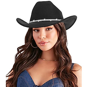 Women-Rhinestone-Western-Cowboy-Hats - Vintage-Wide-Brim-Cowgirls-Hat Bling-Diamond-Hat for Disco Music Party M/L Black