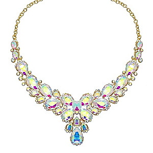 QYJ Women’s Wedding Bridal Austrian Crystal Glass Teardrop Statement Necklace Dangle Earrings Bracelet Ring Wedding Party Jewelry Set for Bridal Bridesmaid (AB Crystal-Gold Plated)