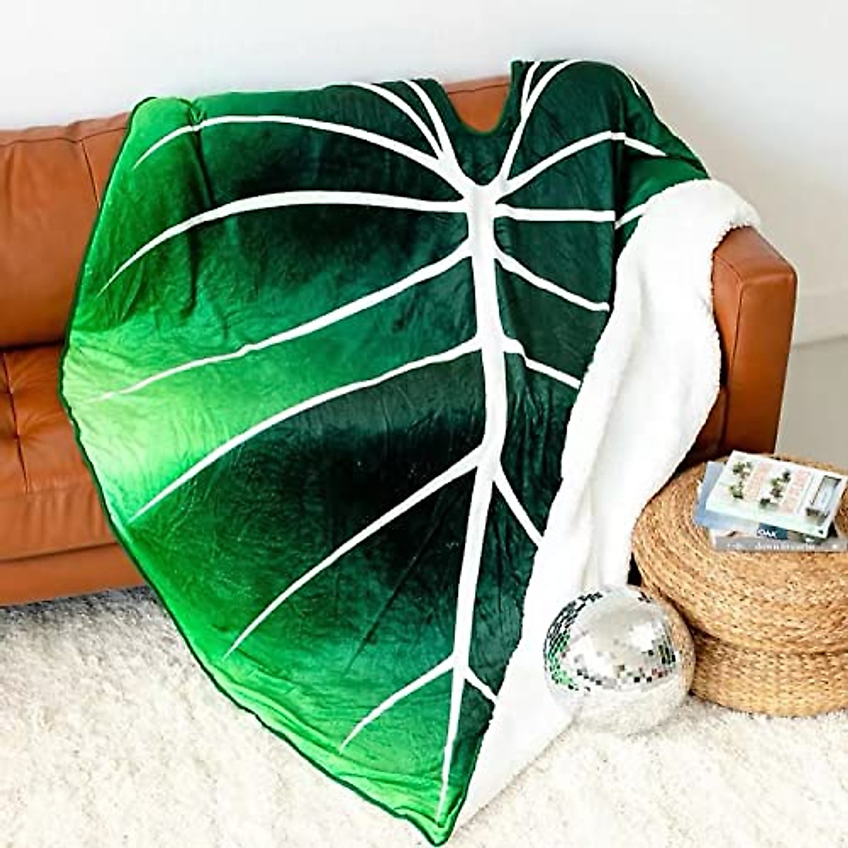 Cute Large Green Leaf Plush Blanket, Soft and Comfortable Novelty Blanket, Flowers Botanical Leaves Pattern Throw Blanket for Bedroom Living Rooms Sofa Camping Bed Blanket