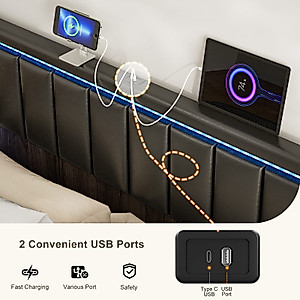 IKIFLY King Size LED Headboard with 2 USB Ports, Adjustable Height - Modern Faux Leather Headboard with Changing LED Lights - Easy Assembly, Upholstered King Headboard Only for Bedroom - Black