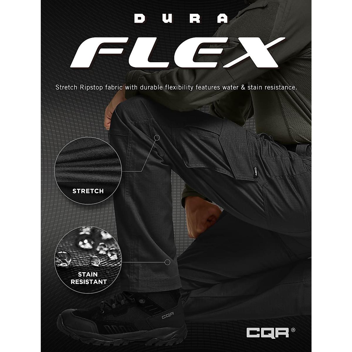 CQR Men's Flex Ripstop Tactical Pants, Water Resistant Stretch Cargo Pants, Lightweight EDC Hiking Work Pants, Dura Flex Mag Pocket Black, 40W x 34L