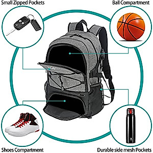 WOLT | Basketball Backpack Large Sports Bag with Separate Ball holder & Shoes compartment, Best for Basketball, Soccer, Volleyball, Swim, Gym, Travel (Grey)