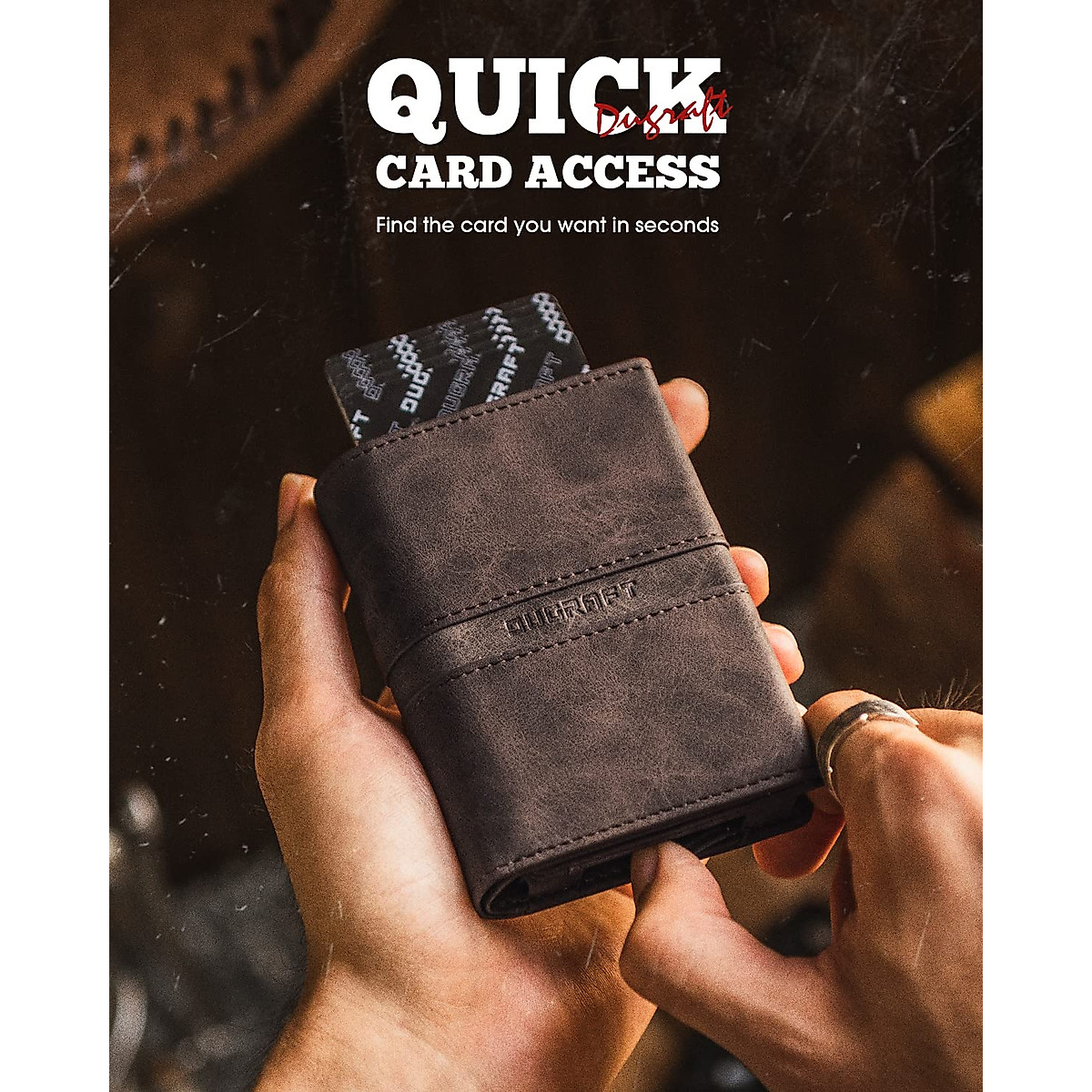 DUGRAFT Card Holder Wallet with ID Window, Leather Mens RFID Blocking Minimalist Pop-Up Wallet Aluminum Metal Credit Card Case with Banknote Compartment