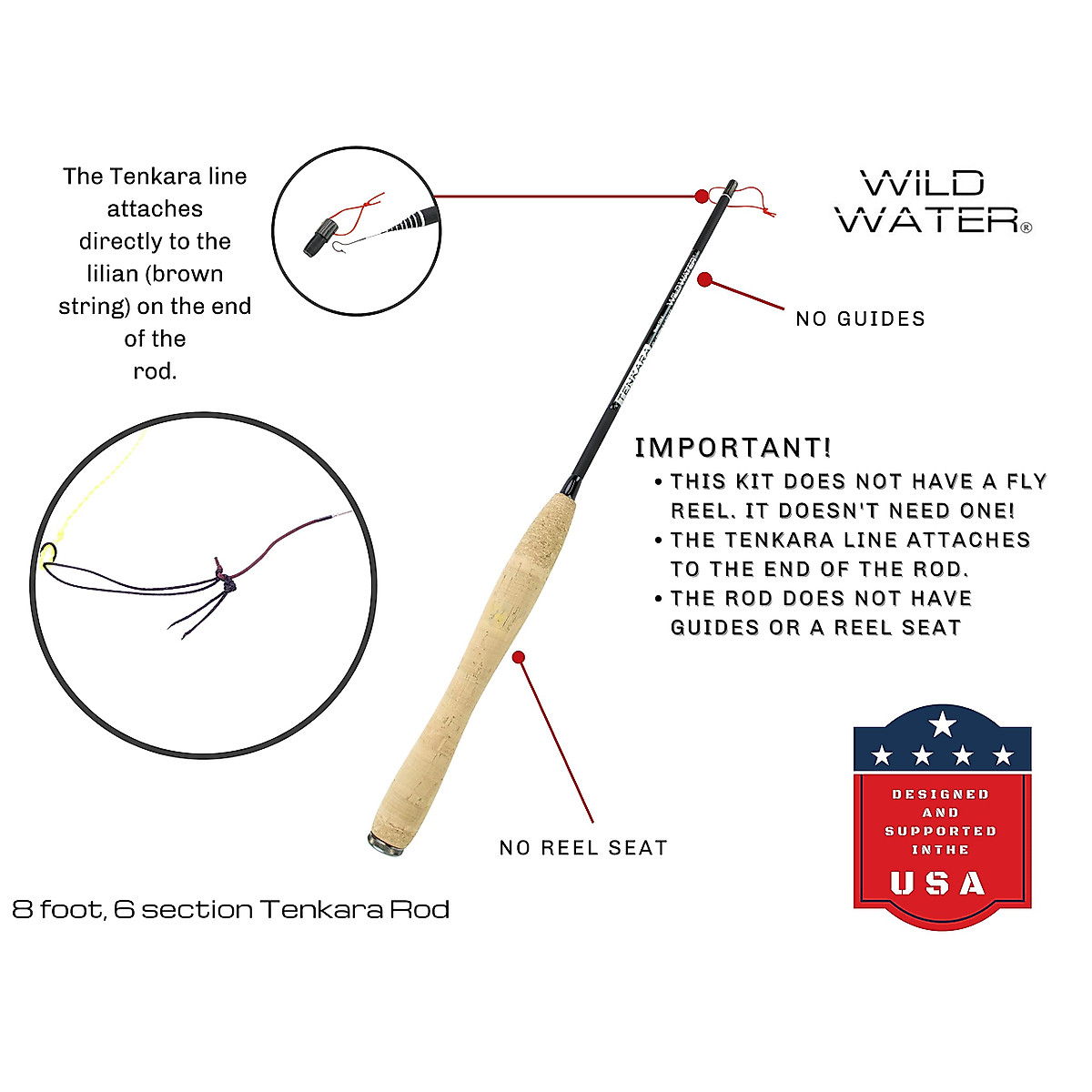 Wild Water Fly Fishing 8' Tenkara Fly Rod Complete Combo Starter Package with Flies