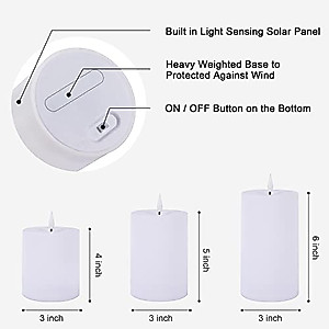 VIODAIM Solar Candles Outdoor Waterproof: Flameless Flickering Pillar LED Candles Set of 3 Dusk to Dawn Rechargeable Sensor Lights 3x4/5/6 Inch White