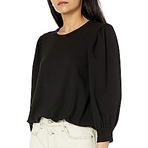 The Drop Women's Leona Short Puff Sleeve Crew Neck French Terry Sweatshirt, Black, S