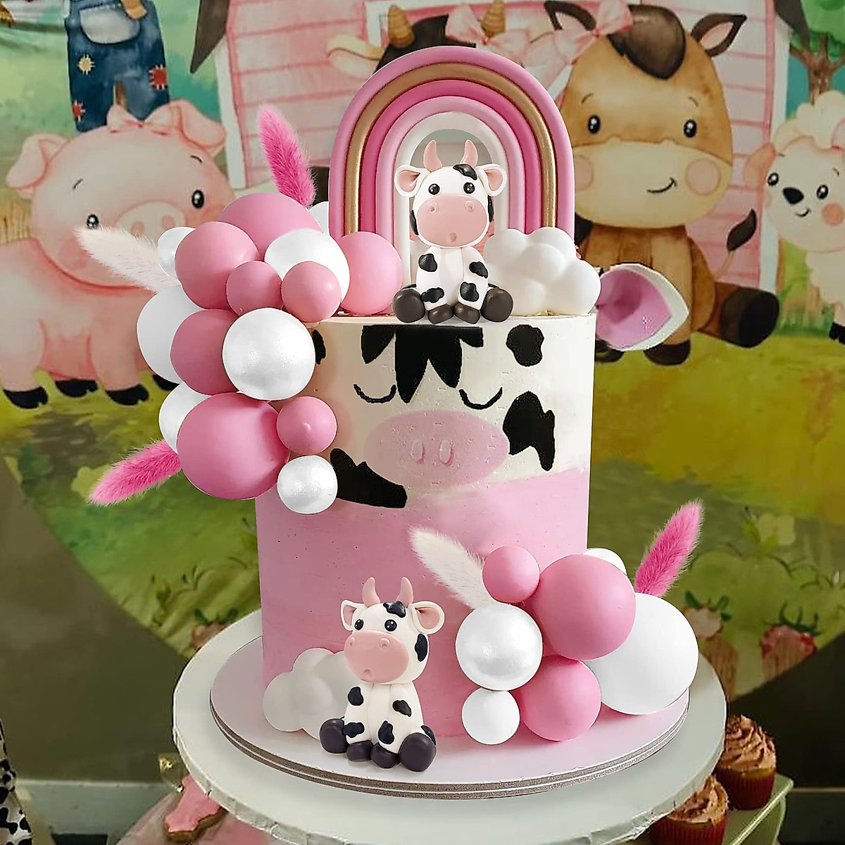 KEEPARTY Cow & Ball Cake Toppers, 26pcs, Farm Animal Themed, Clay, Pink and White, for Baby Shower, Birthday, Girls and Boys Party Supplies