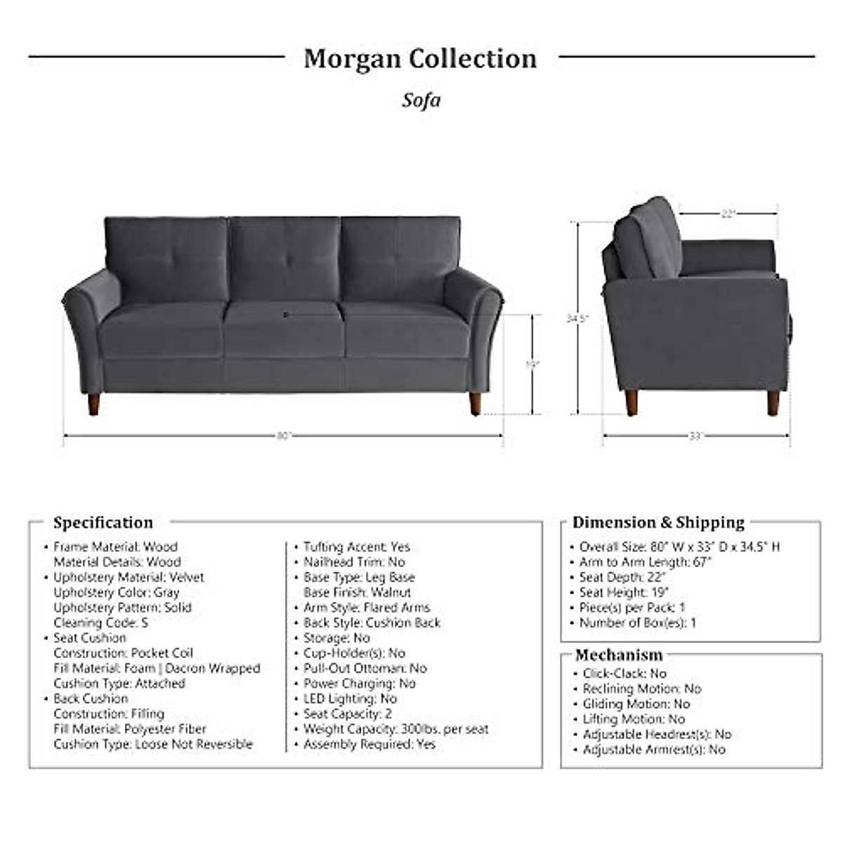 Lexicon Morgan 80" W Velvet Living Room Sofa Couch, Gray